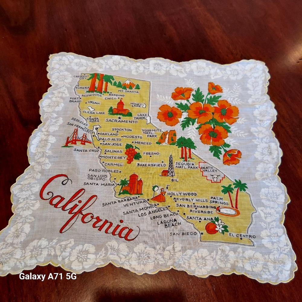 Vintage Handkerchief Map Of California 100% Cotton 19… - Gem